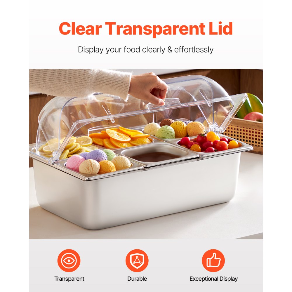 VEVOR Countertop Food Serving Display Container, 6 Pan Stainless Steel ...
