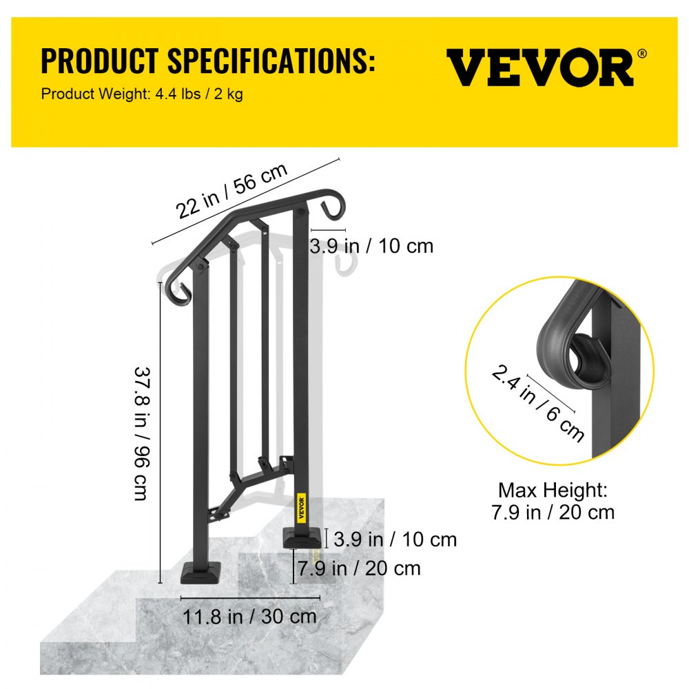 VEVOR Outdoor Stair Railing, Fit 1 or 2 Steps Aluminum Handrailing ...