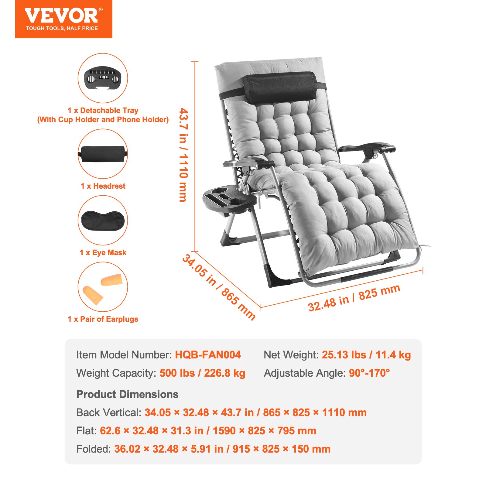 VEVOR Zero Gravity Chair 33" Zero Gravity Recliner Lounge Chair Indoor ...