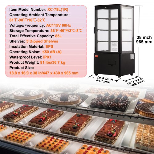 VEVOR Refrigerated Display Case, 3 Cu.Ft./85L Countertop Pastry Display ...