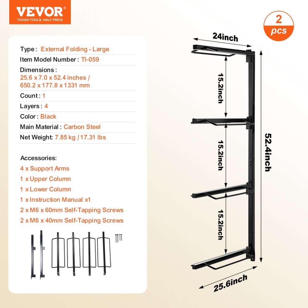 VEVOR Wall Mount Saddle Rack – 24 × 7 × 52 in, 4 Tiers