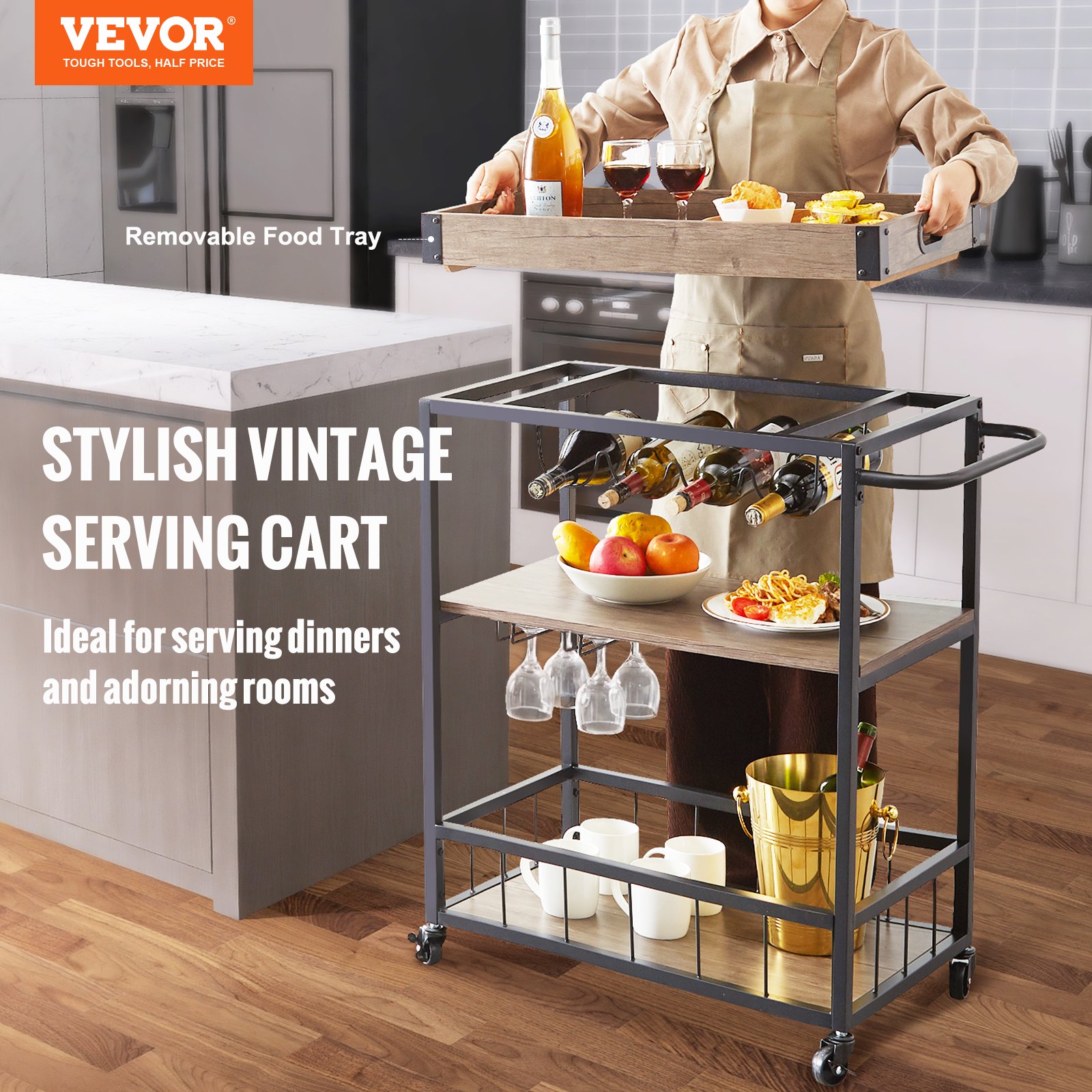 VEVOR 3-Tier Bar Serving Cart Rolling Trolley with Wine Grid Glass ...