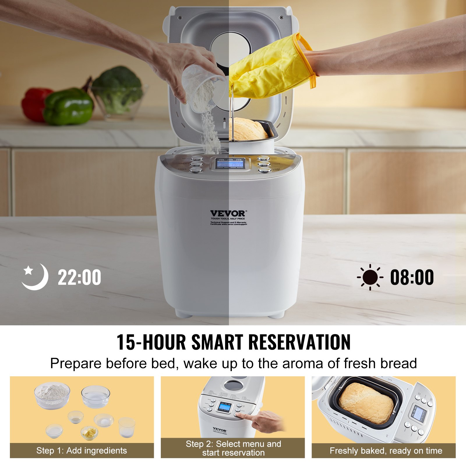 VEVOR Bread Maker, 15-in-1 3LB Dough Machine, Nonstick Ceramic Pan ...