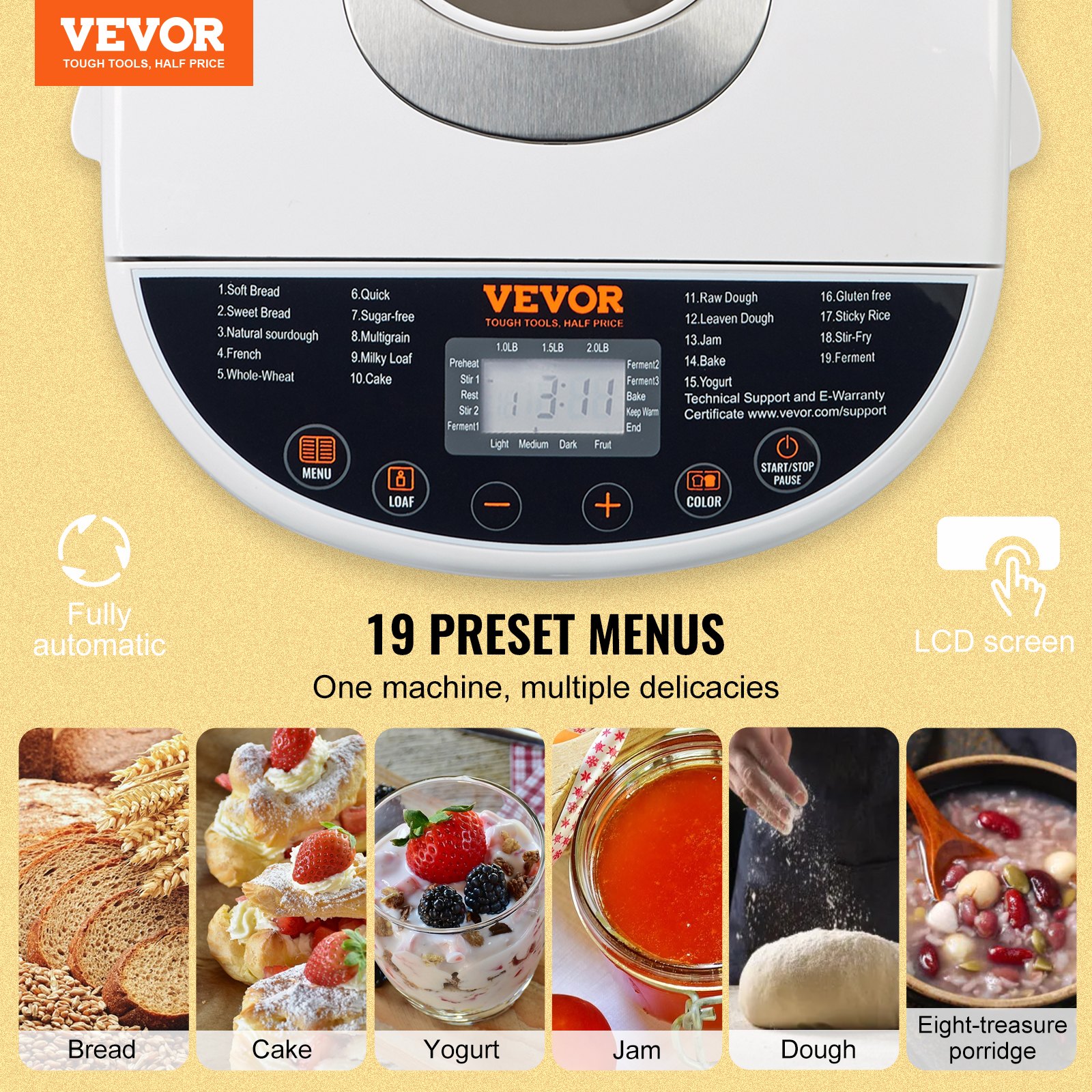 VEVOR Bread Maker, 19-in-1 2LB Dough Machine, Nonstick Ceramic Pan ...