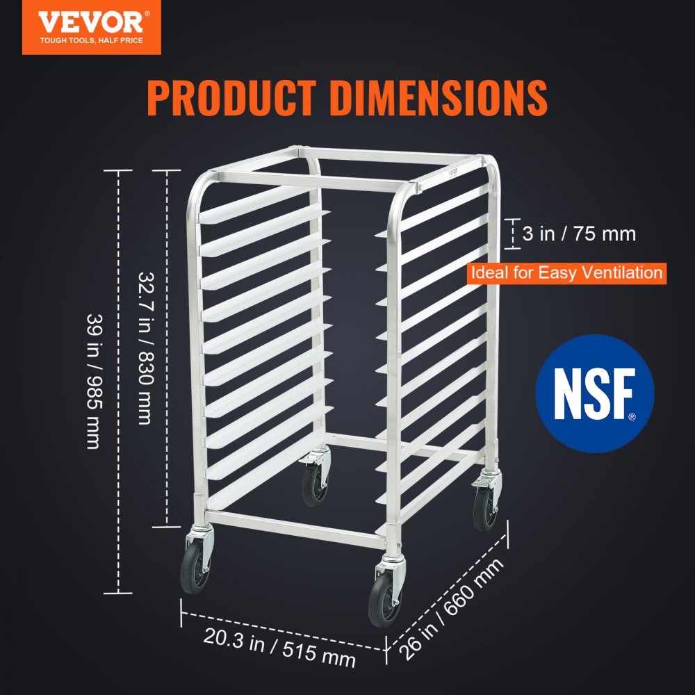 VEVOR Bun Pan Rack, 10-Tier Commercial Bakery Racks with Brake Wheels ...