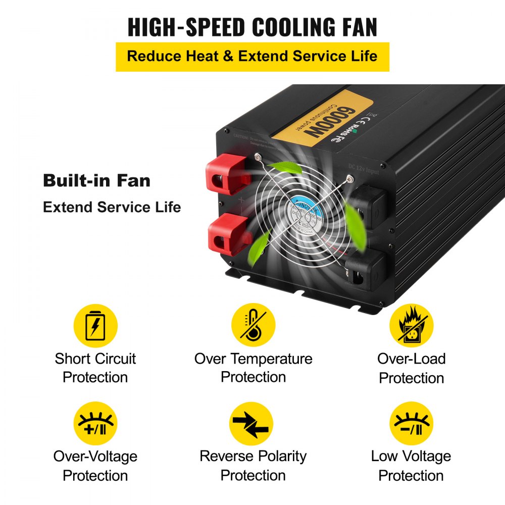 VEVOR Power Inverter Modified Sine Wave Inverter 6000W DC 12V to AC ...