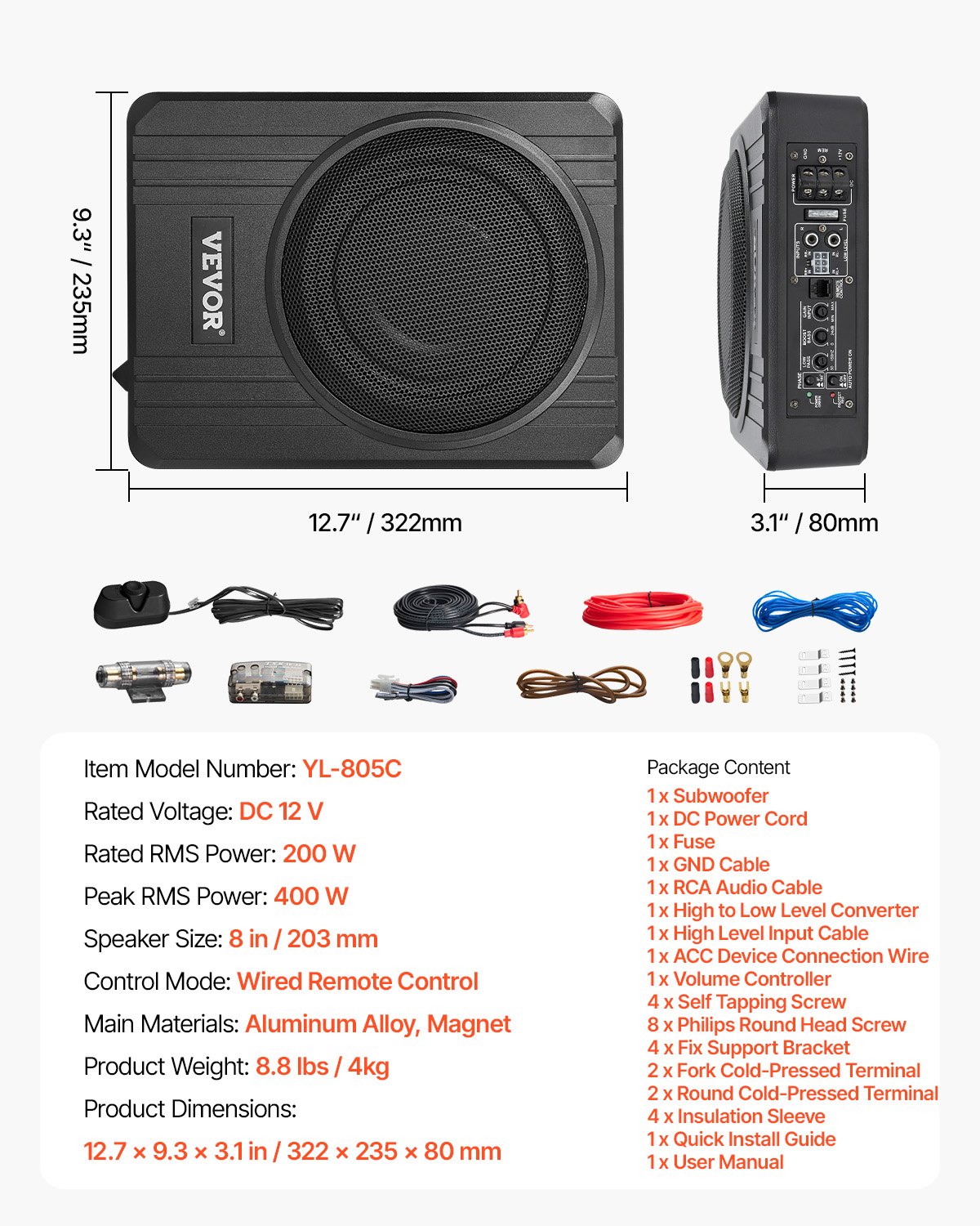 VEVOR 8" 400W Underseat Car Subwoofer, Slim Powered Car Subwoofers ...