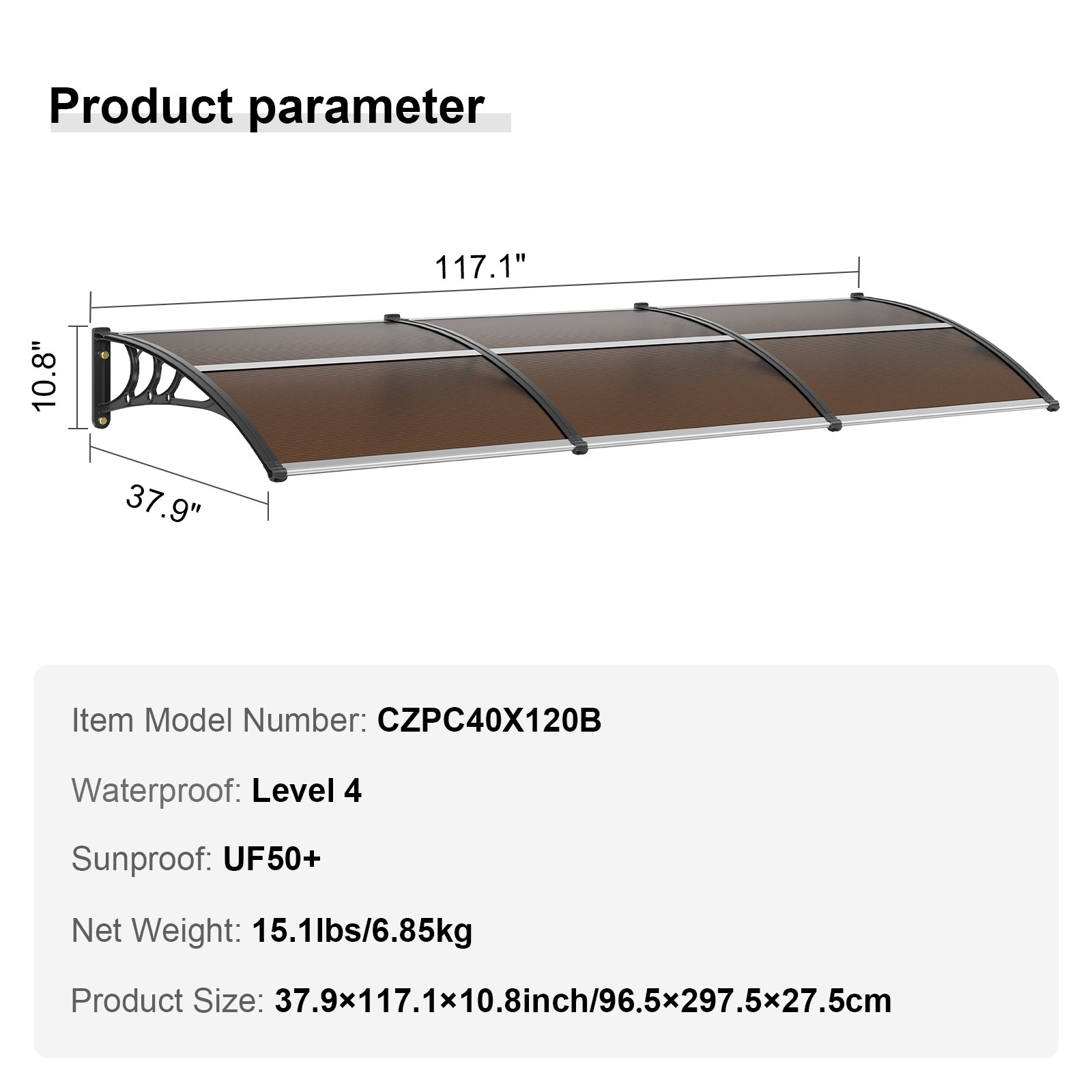 VEVOR Window Door Awning Canopy 40" x 120", UPF 50+ Polycarbonate Entry ...