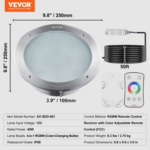 VEVOR 12V LED Pool Light, 10 Inch 40W, RGBW Color Changing Inground ...