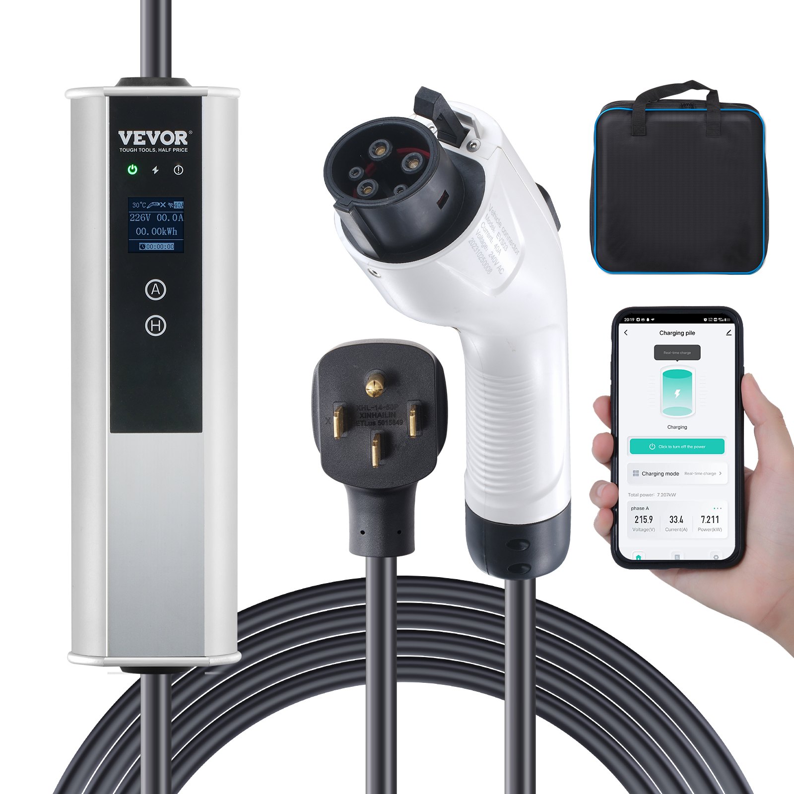 VEVOR Level 2 Portable EV Charger, 40A 240V, Electric Vehicle Charger ...