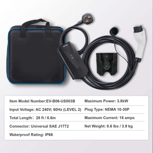 VEVOR Level 2 Portable EV Charger, 16 Amp 240V, Electric Vehicle ...