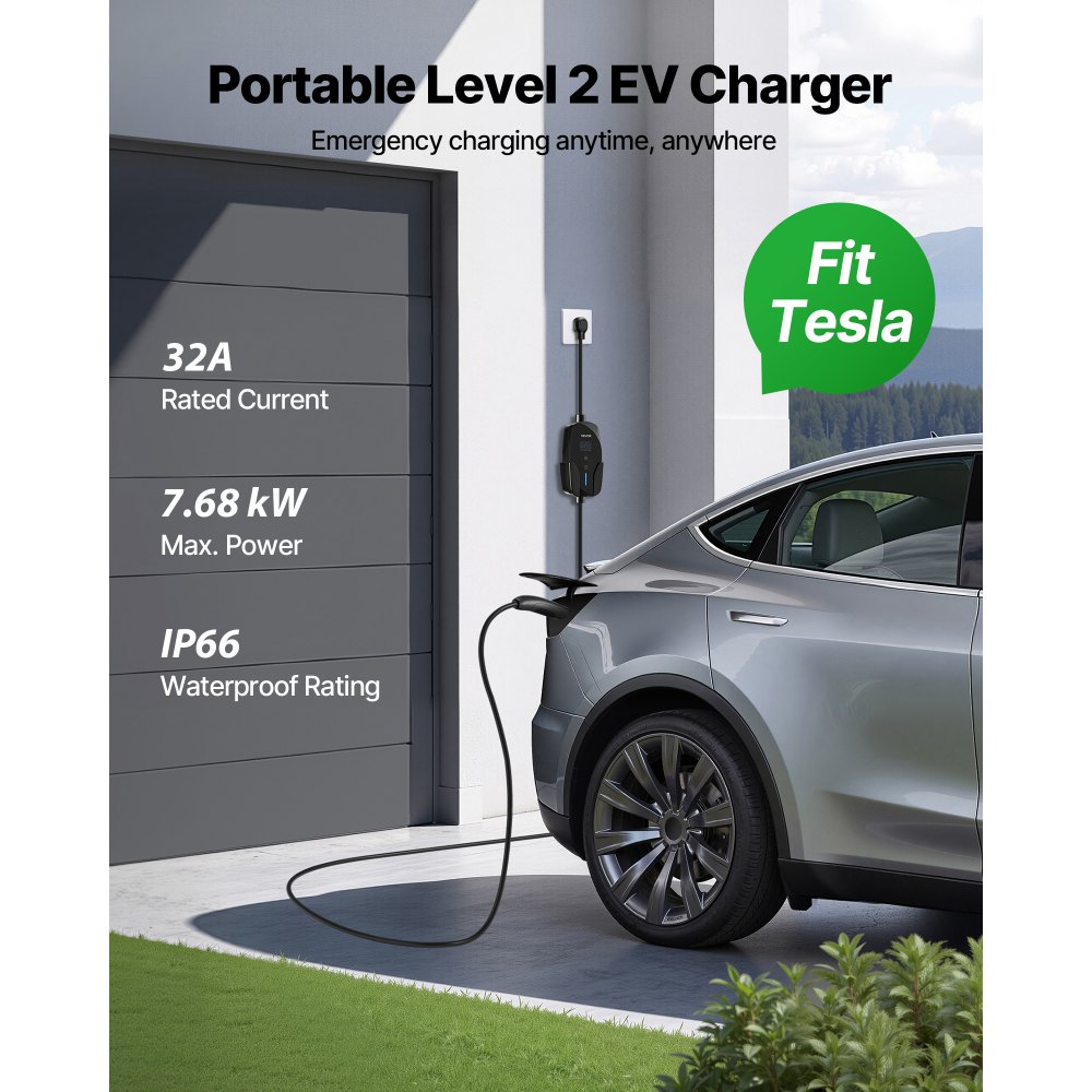 VEVOR Level 2 Tesla Charger – 32A, 240V, 25 ft Cable, LCD