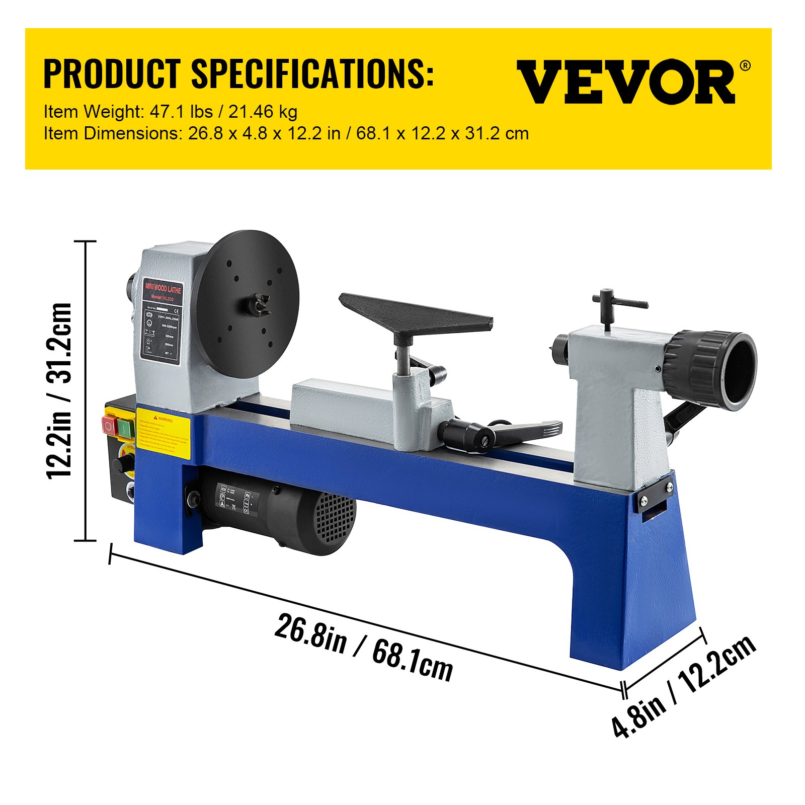 VEVOR Benchtop Wood Turning Lathe 8" × 12" Variable Speed Home Workshop ...