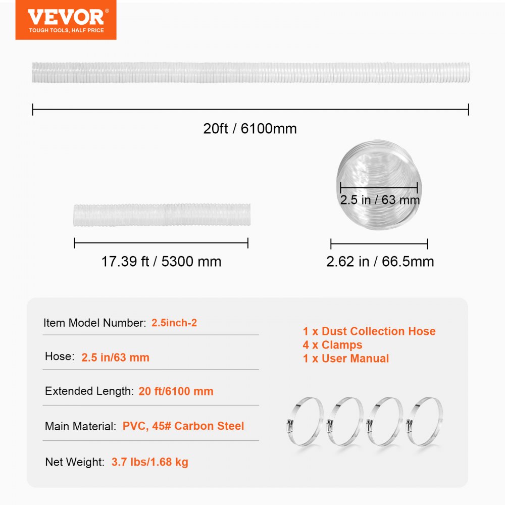VEVOR 2.5'' x 20' Dust Collection Hose Thickened PVC Flexible Clear ...