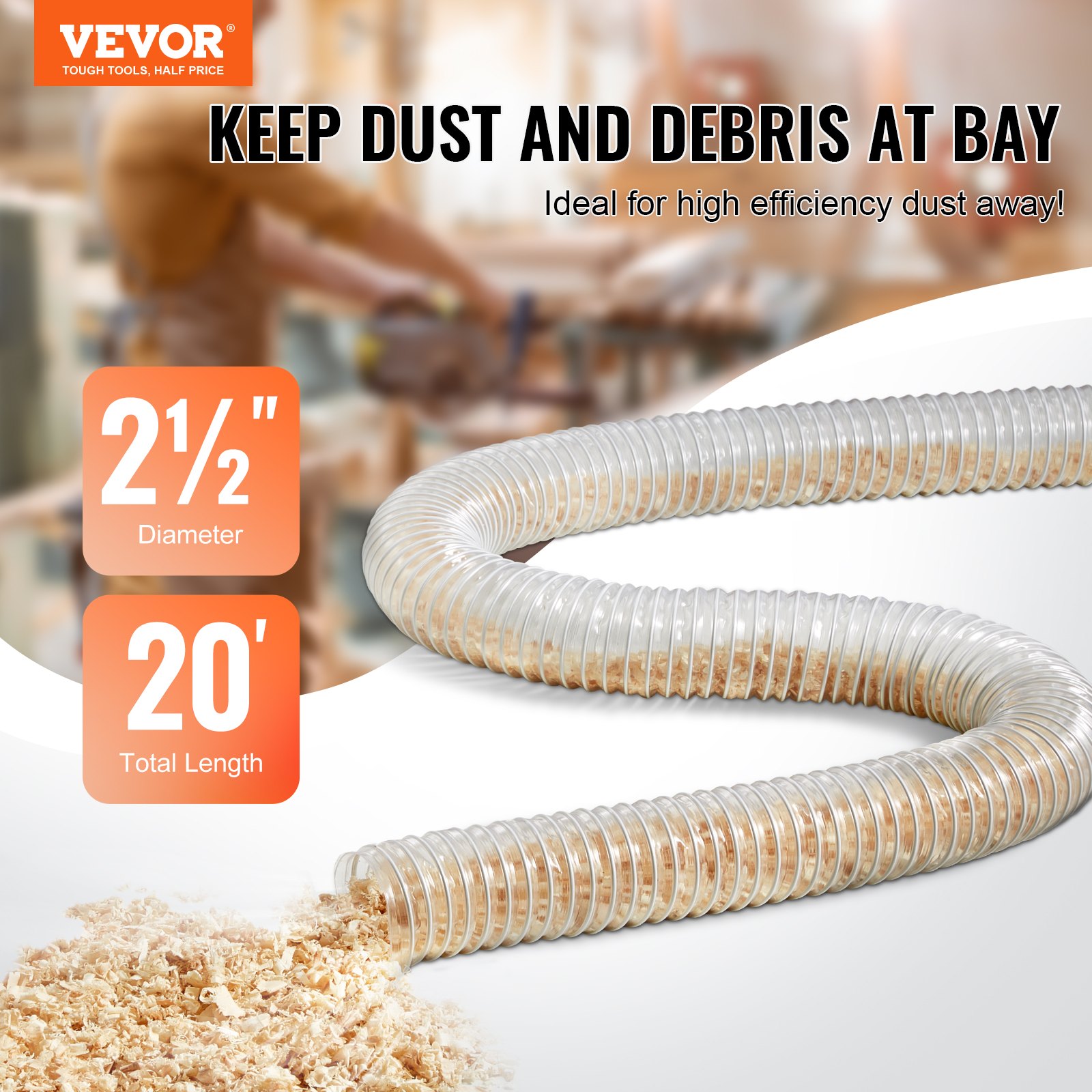 VEVOR 2.5'' x 20' Dust Collection Hose Thickened PVC Flexible Clear ...