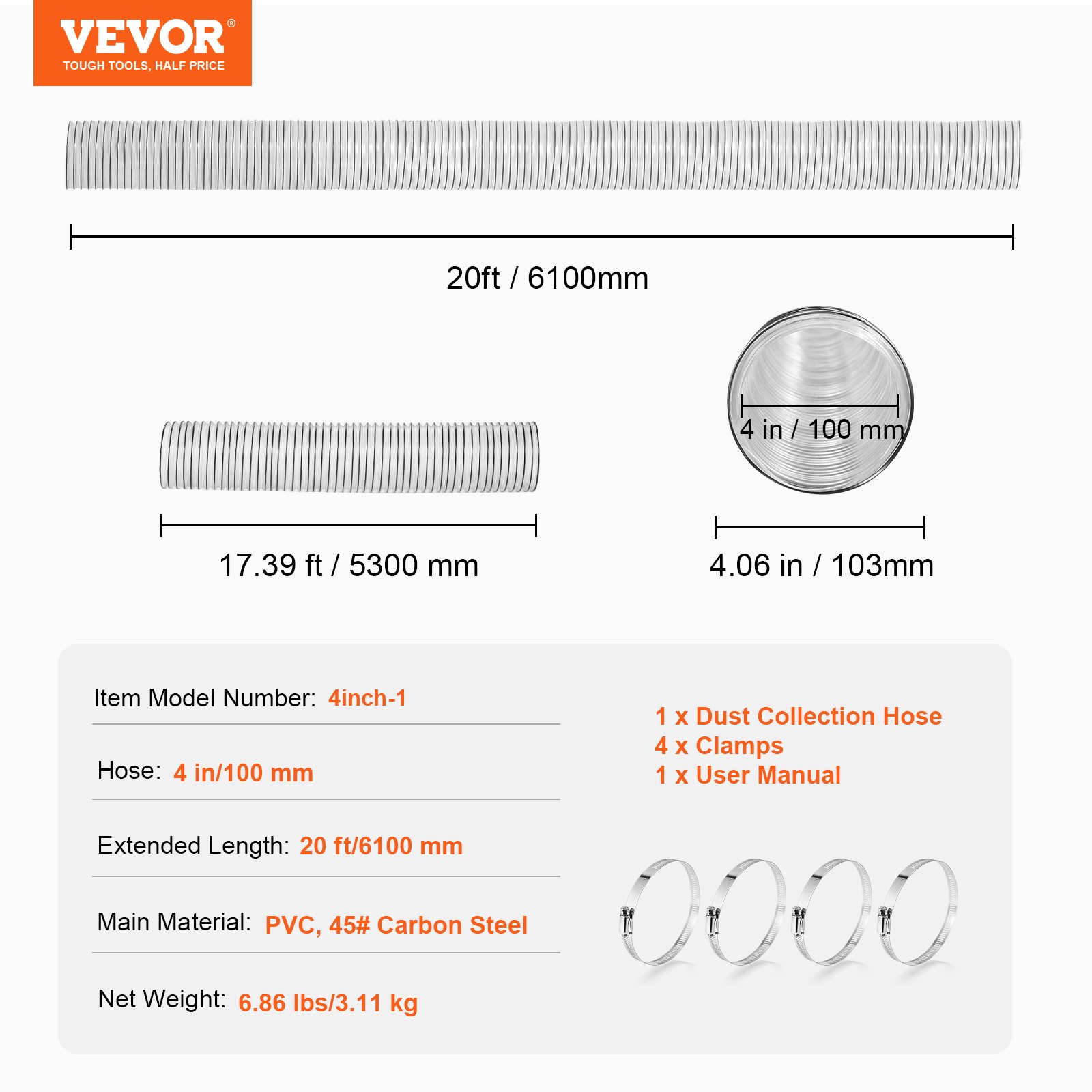 VEVOR Dust Collection Hose, 4'' x 20', Thickened PVC Material Puncture ...
