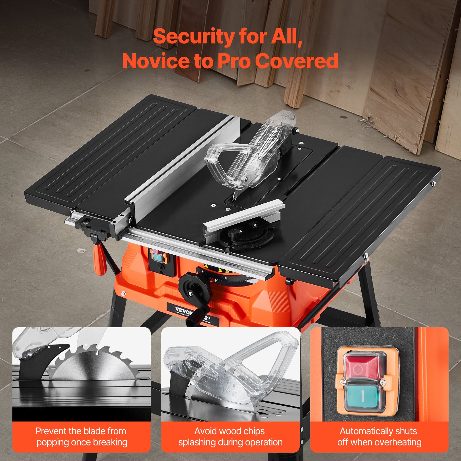 VEVOR Table Saw with Stand, 254 mm, 1800W Portable Compact Tablesaw ...