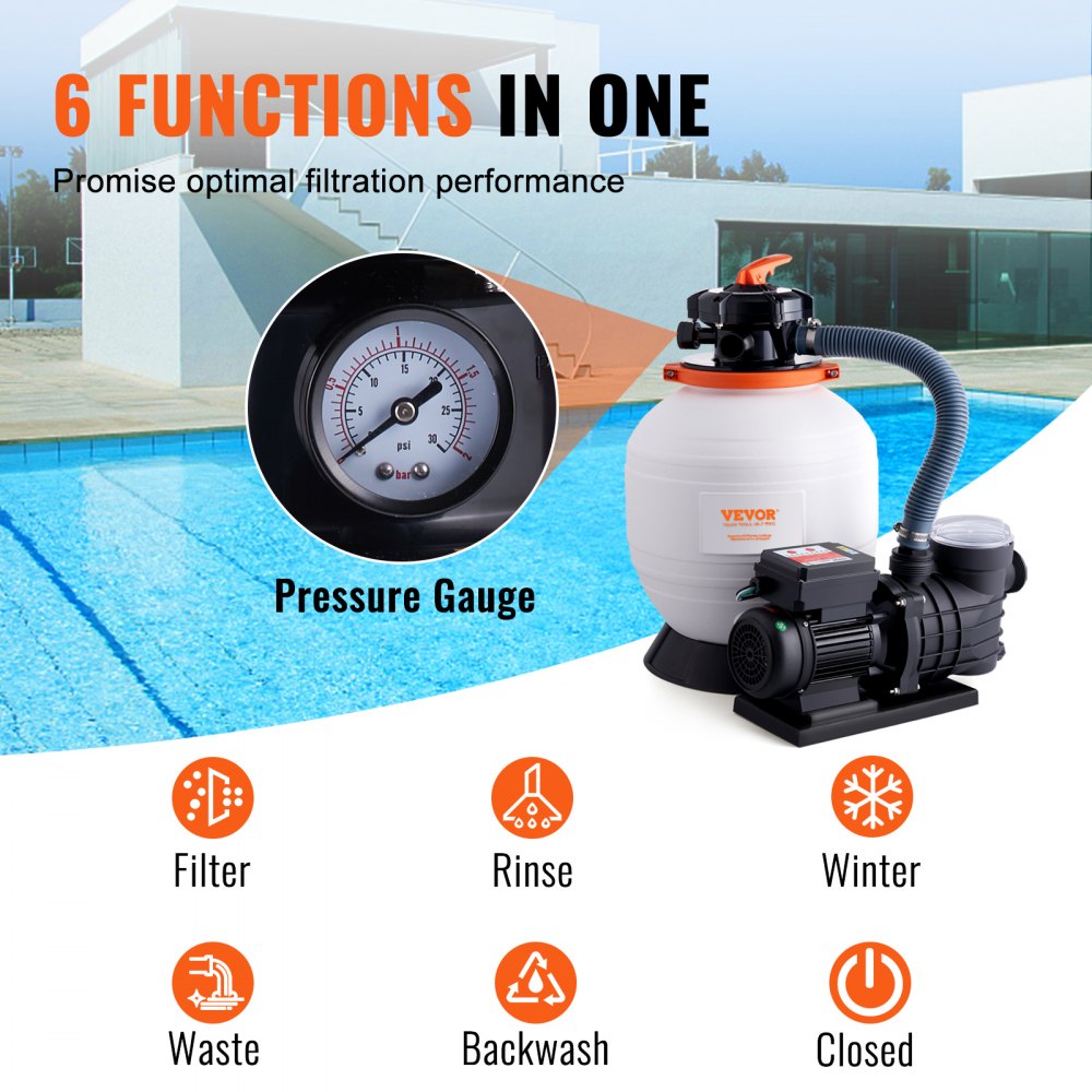 VEVOR Sand Filter Pump for Above Ground Pools, 14-inch, 3000 GPH, 3/4 ...