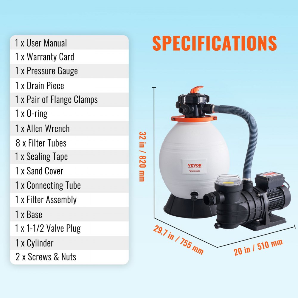 VEVOR Sand Filter Pump for Above Ground Pools, 16-inch, 3500 GPH, 1 HP ...