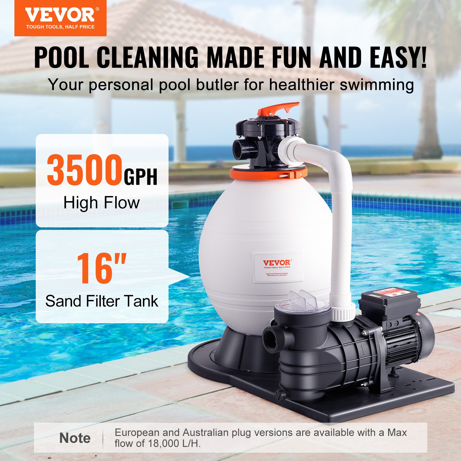 VEVOR Sand Filter Above Ground with 850W Pool Pump 18,000 L/H Flow 6 ...
