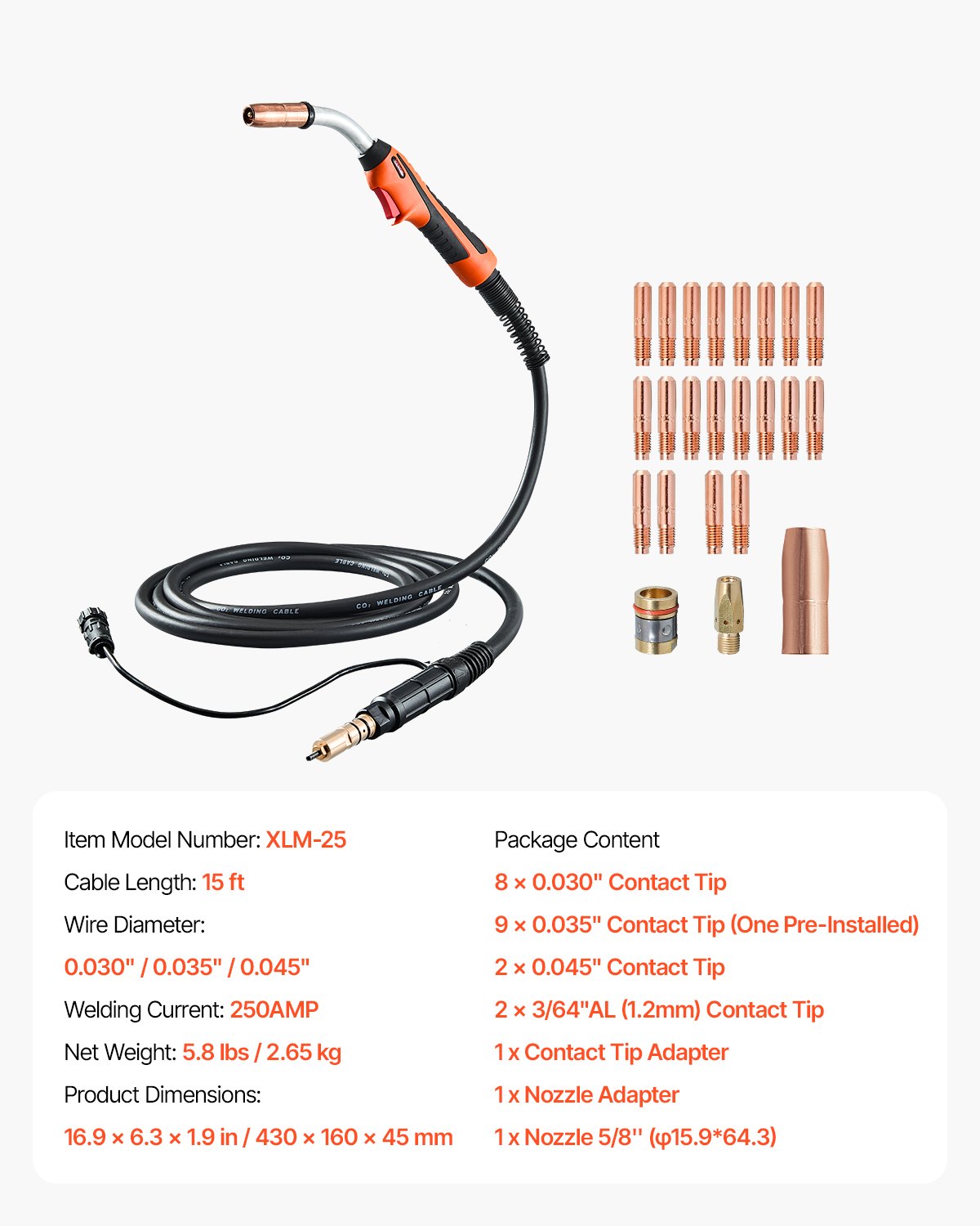 VEVOR Mig Welding Gun – 250Amp,15FT Cable, 0.045" Wire