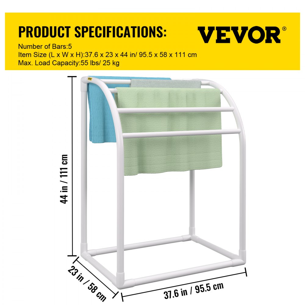 VEVOR Pool Towel Rack, 5 Bar, Milky, Freestanding Outdoor PVC Curved ...