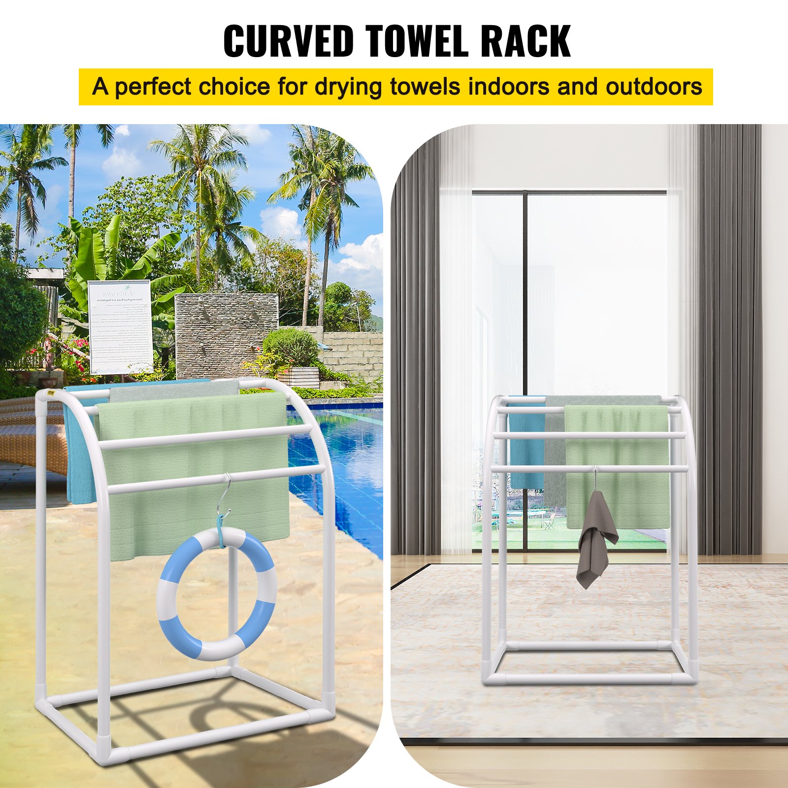 VEVOR Pool Towel Rack, 5 Bar, Milky, Freestanding Outdoor PVC Curved ...