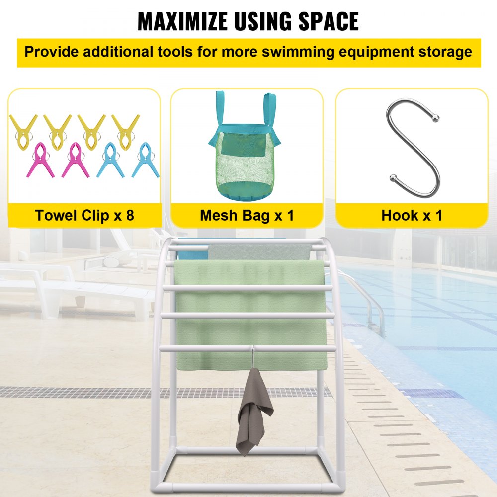 VEVOR Pool Towel Rack, 7 Bar, White, Freestanding Outdoor PVC Curved ...