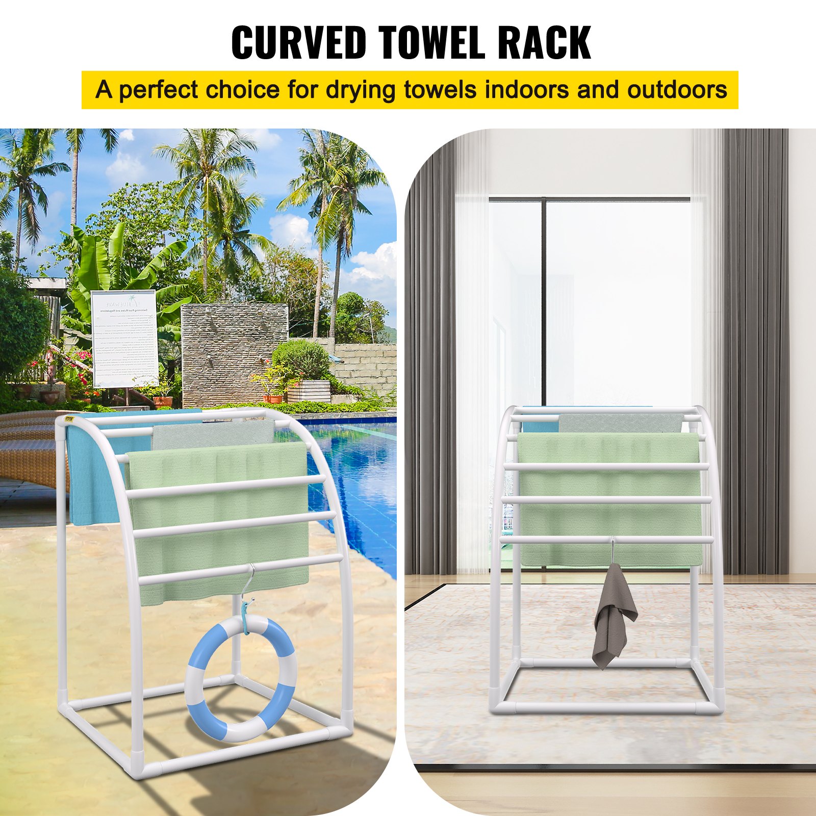 VEVOR Pool Towel Rack, 7 Bar, White, Freestanding Outdoor PVC Curved ...