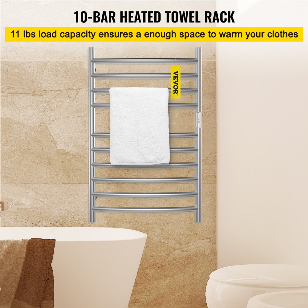 VEVOR Heated Towel Rack, 10-Bar Curved Design, Wall-Mounted Electric ...
