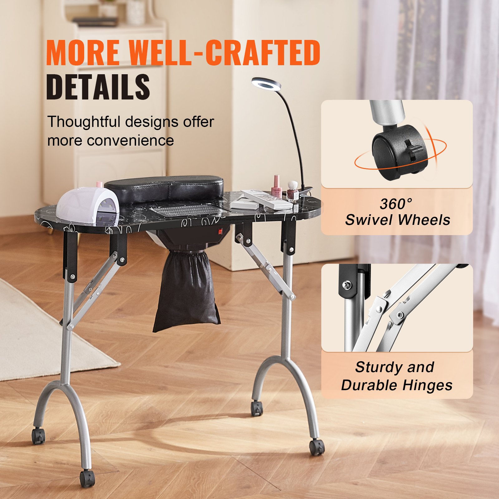 VEVOR Portable Manicure Table, Foldable Nail Table with Electric Dust ...