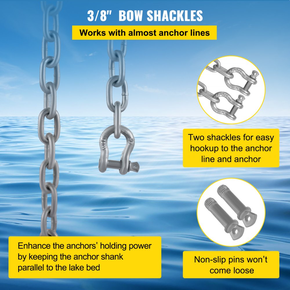 VEVOR Anchor Chain, 10' x 5/16" Galvanized Steel Chain, 3/8" Anchor ...