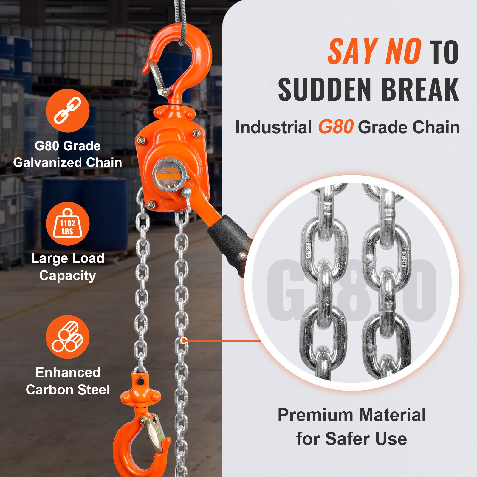 VEVOR Manual Lever Chain Hoist, 1/2 Ton 1100 lbs Capacity 5 FT Come ...