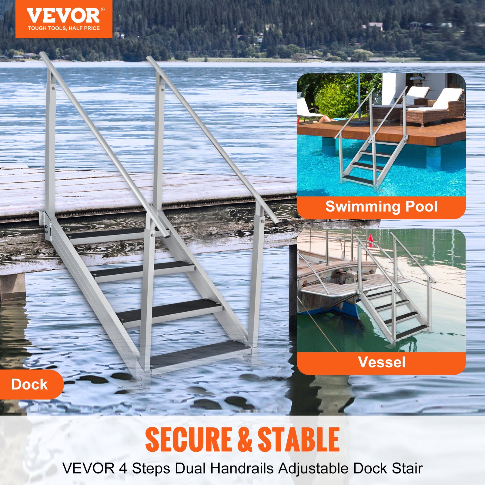 VEVOR Dock Ladder, 30''-38'' Adjustable Height, 500 lbs Load Capacity ...