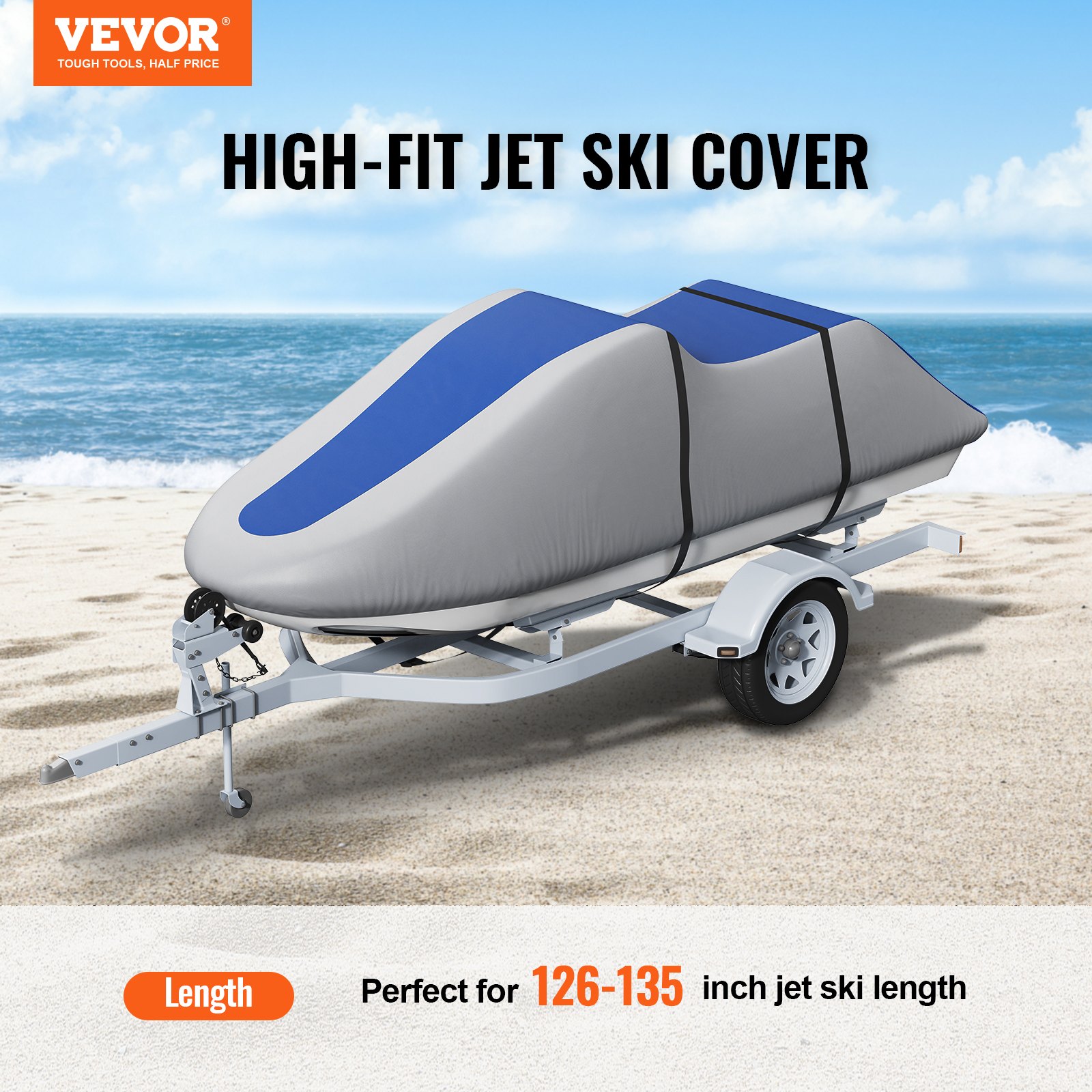 VEVOR Jet Ski Cover, 126"-135" Trailerable Waterproof PWC Cover, Heavy ...