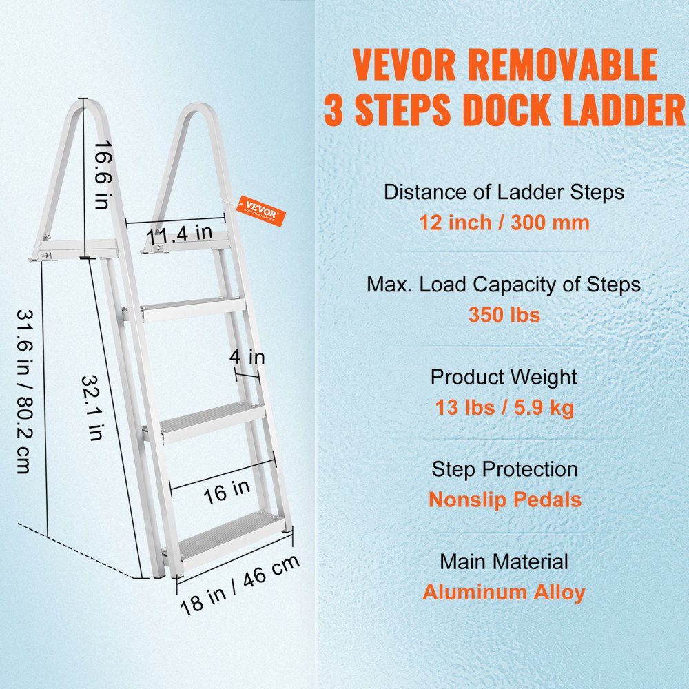 VEVOR Dock Ladder, Removable 3 Steps, 350 lbs Load Capacity, Aluminum ...