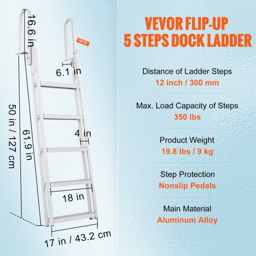 VEVOR Dock Ladder Flip Up 5 Steps, 350lbs Load Capacity, Aluminum ...