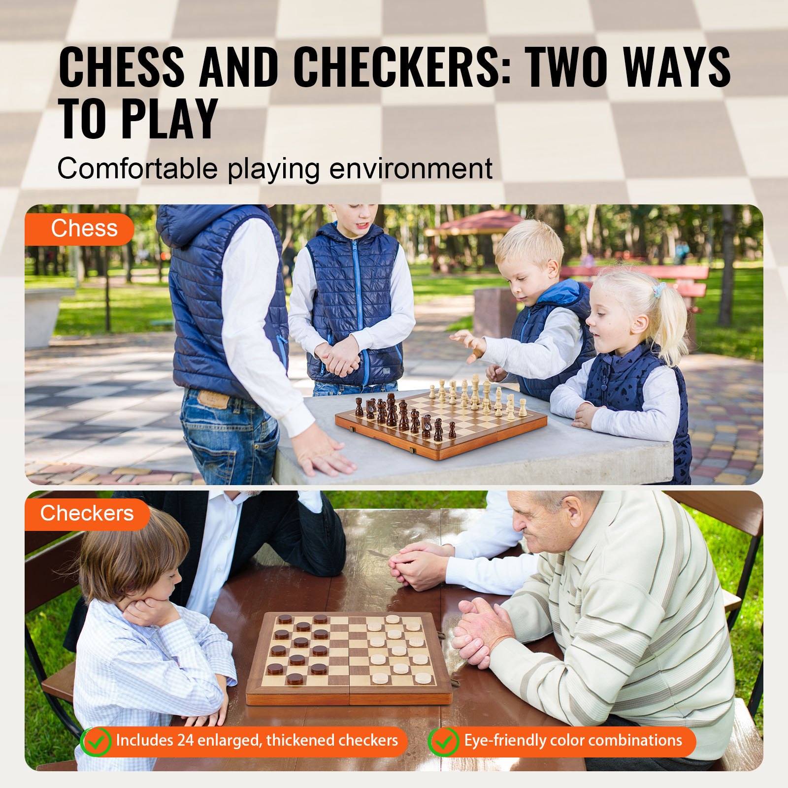 VEVOR Magnetic Wooden Chess Set, 15 inch 2-IN-1 Chess Checkers Game Set ...