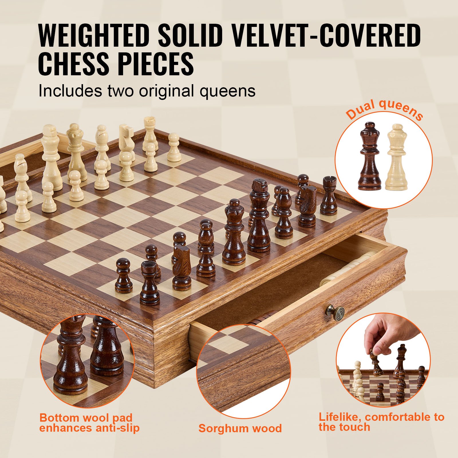 VEVOR Solid Wood Chess Set, 15 inch 2-IN-1 Chess Checkers Game Set ...
