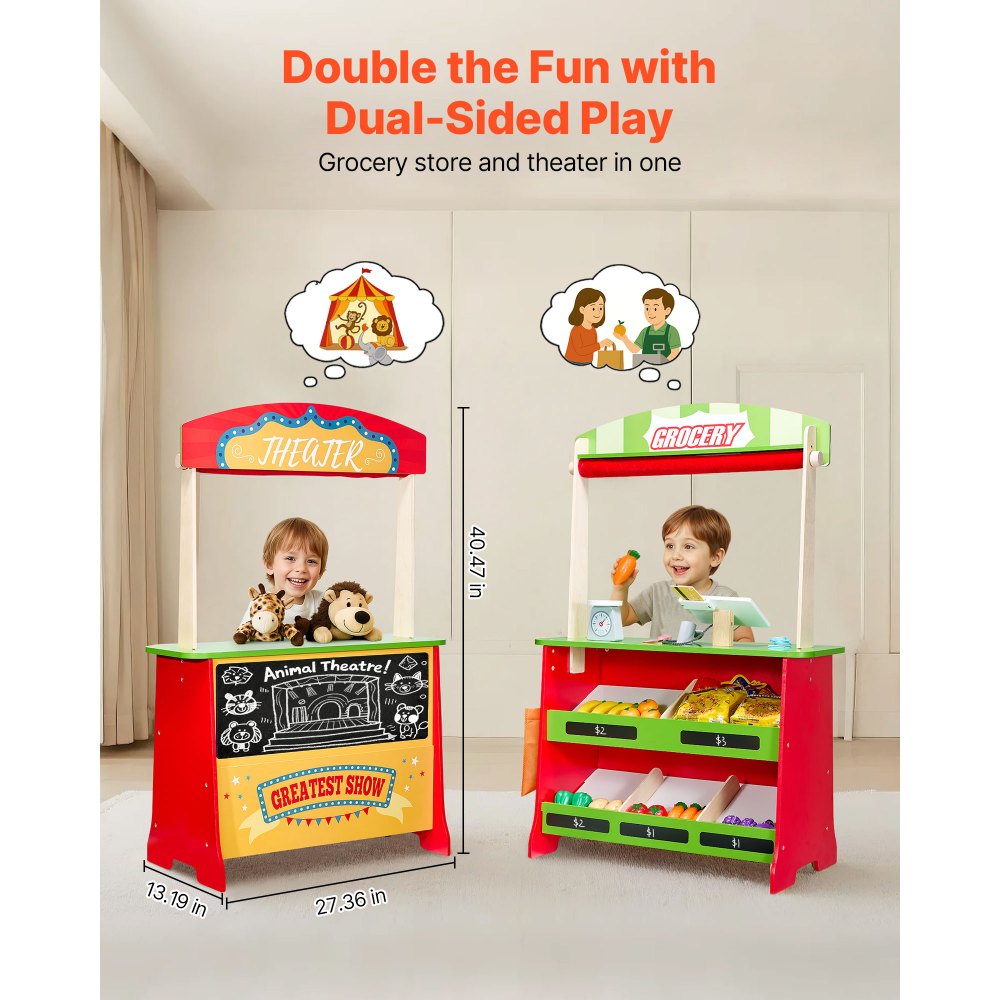 VEVOR Wooden Puppet Theater with Curtains, 2-in-1 Reversible Play Store ...
