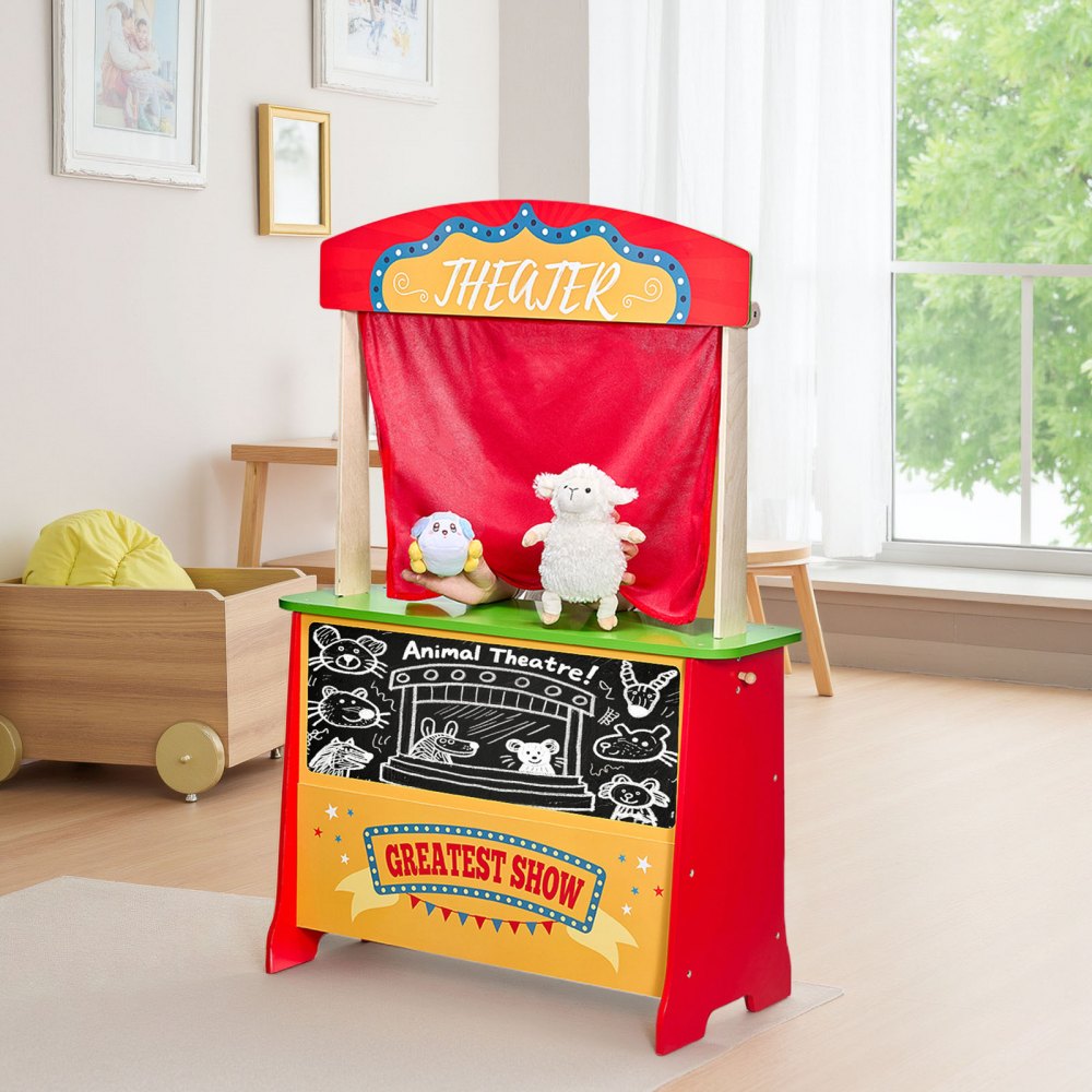 VEVOR Wooden Puppet Theater with Curtains, 2-in-1 Reversible Play Store ...