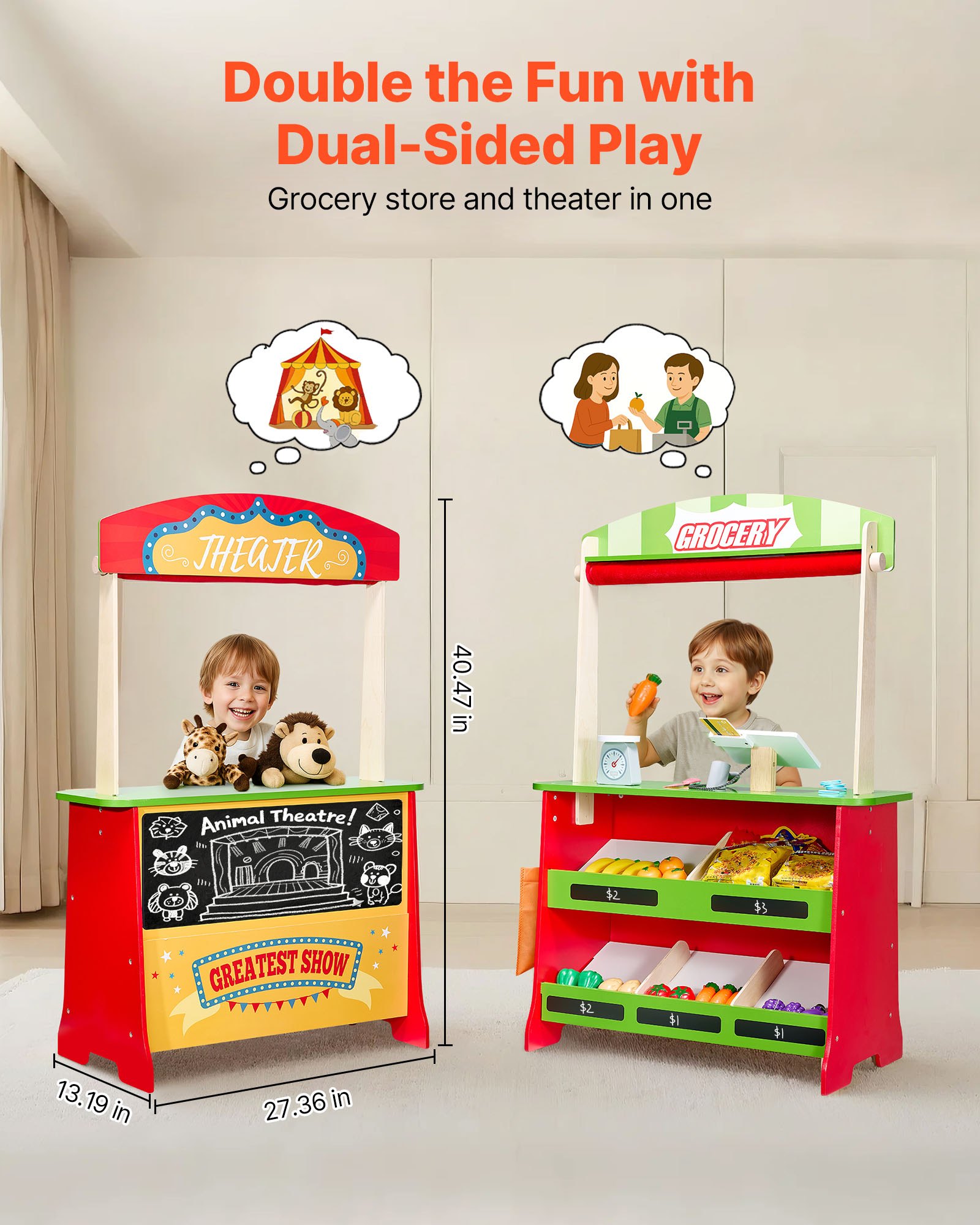 VEVOR Wooden Puppet Theater with Curtains, 2-in-1 Reversible Play Store ...