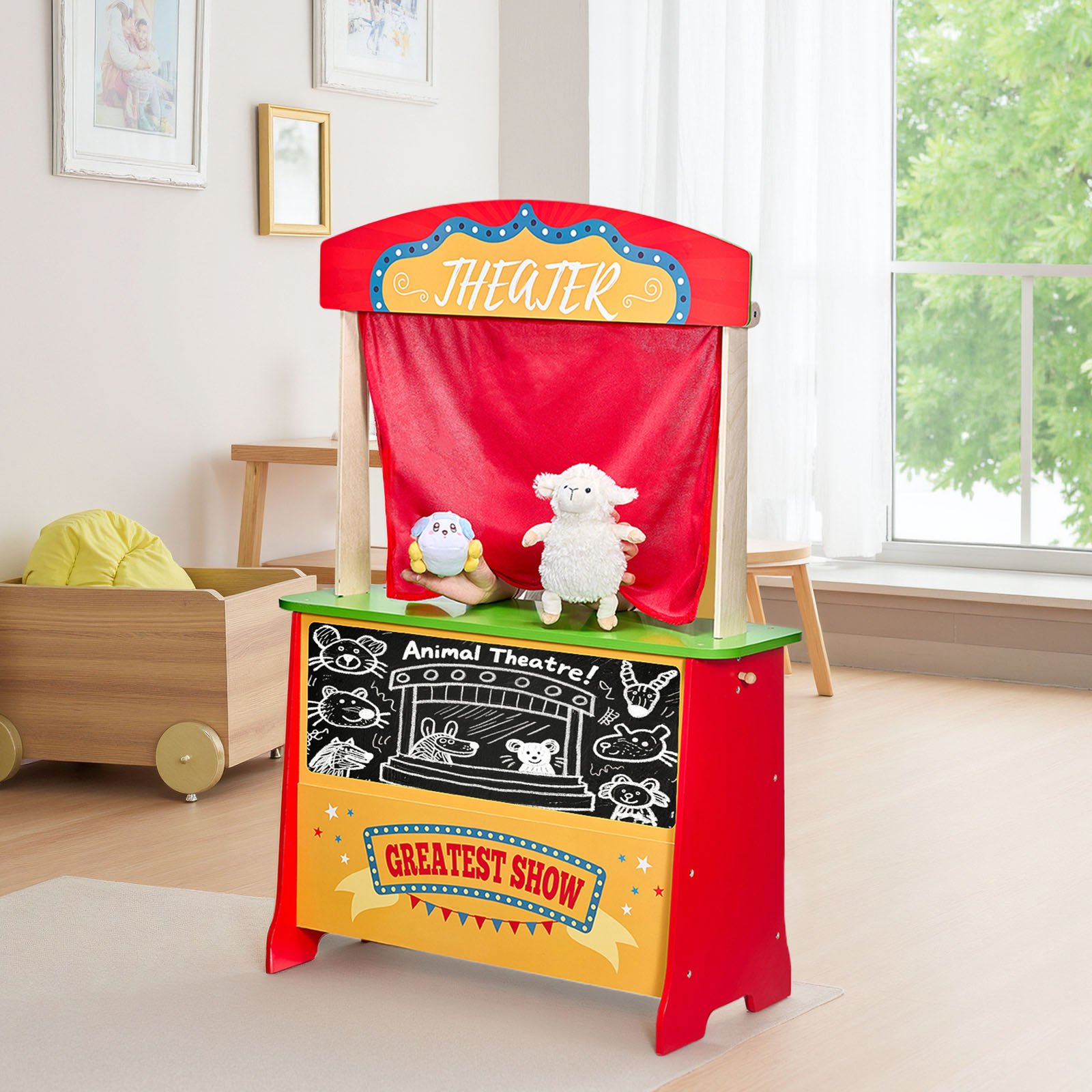 VEVOR Wooden Puppet Theater with Curtains, 2-in-1 Reversible Play Store ...