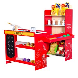 VEVOR Kids Grocery Store Playset, Wooden Play Store with Shopping Bag ...