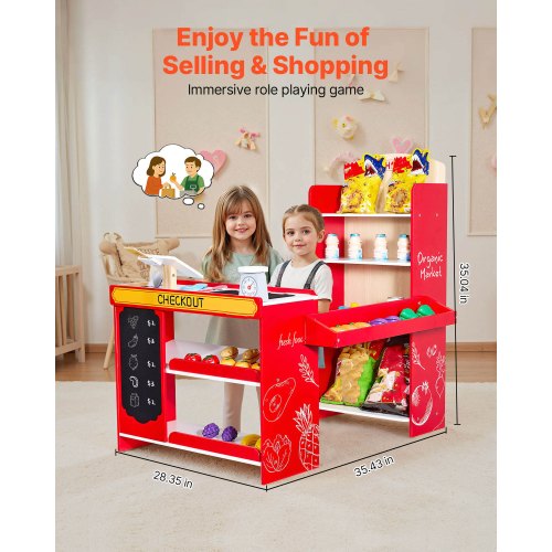 VEVOR Kids Grocery Store Playset, Wooden Play Store with Shopping Bag ...