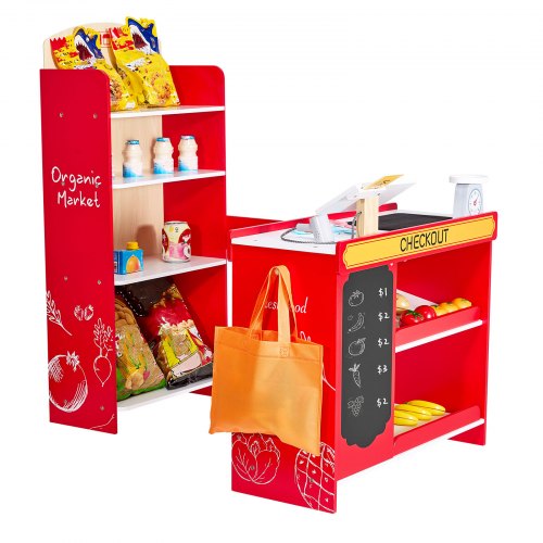 VEVOR Kids Grocery Store Playset, Wooden Play Store with Shopping Bag ...
