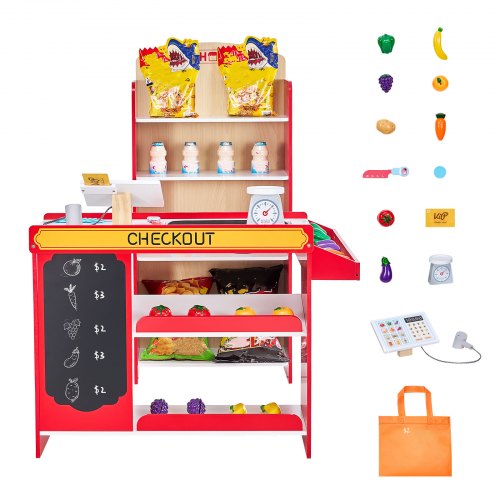 VEVOR Kids Grocery Store Playset, Wooden Play Store with Shopping Bag ...