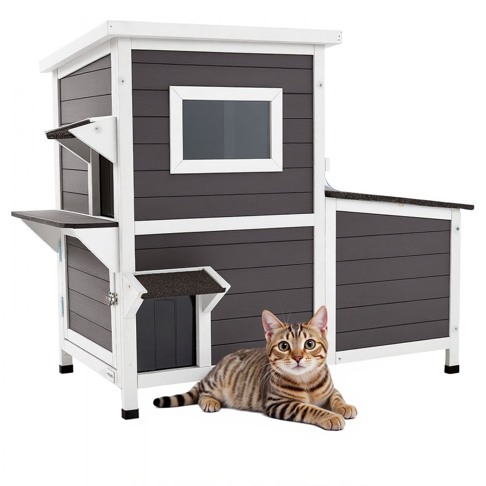 VEVOR Outdoor Cat House, 2-Story Wooden Cat Shelter for 3 Outside Cats ...