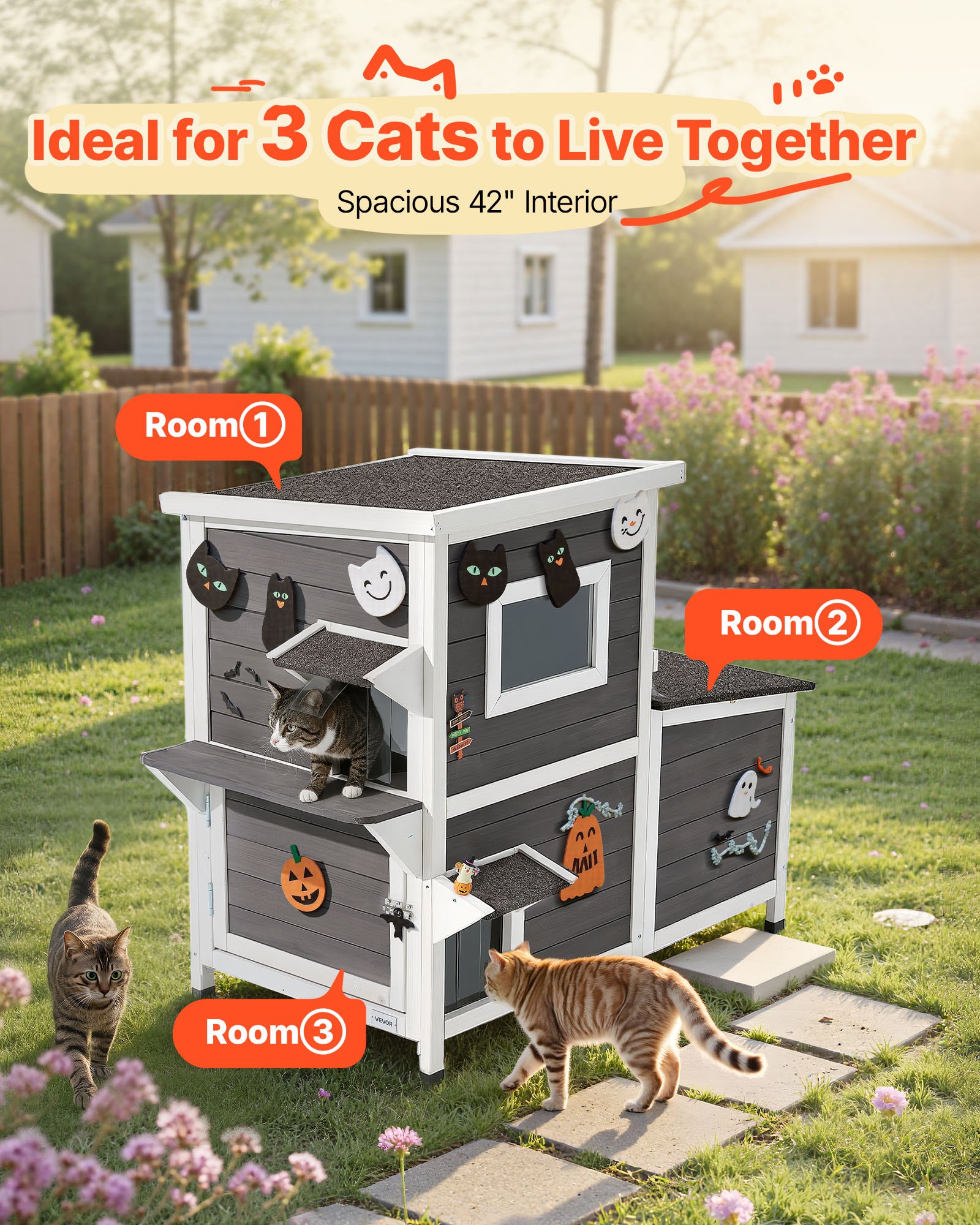 VEVOR Outdoor Cat House, 2-Story Wooden Cat Shelter for 3 Outside Cats ...