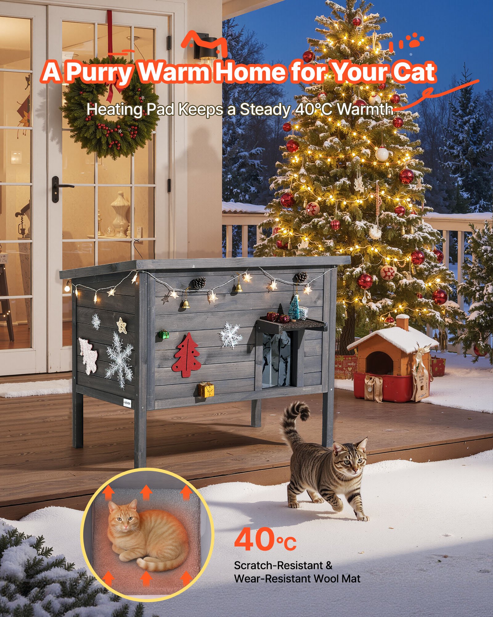 VEVOR Heated Cat House, Insulated Wooden Cat House for Outdoor Cats ...
